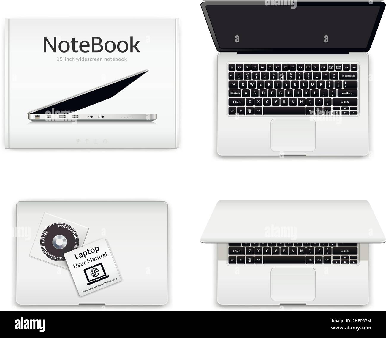 New notebook computer and box with installation driver disk and user ...