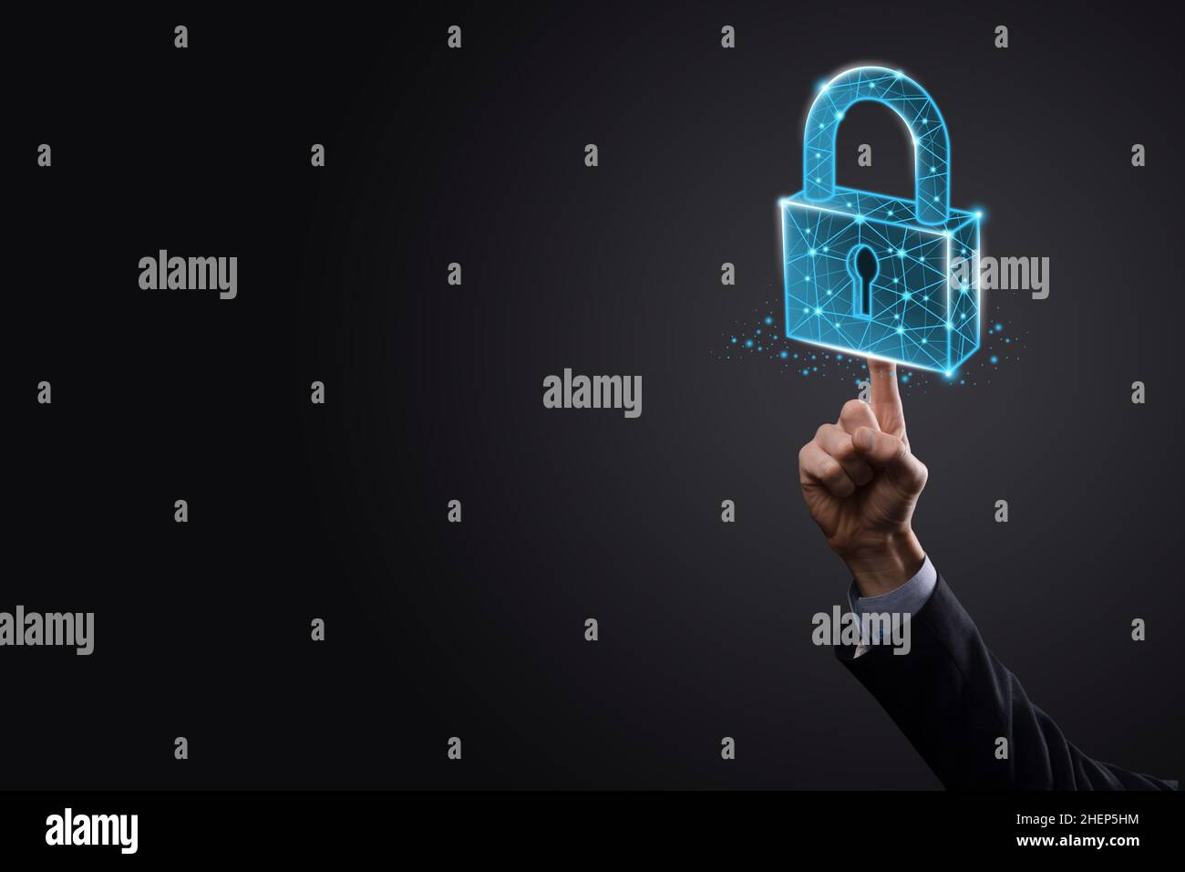 Cyber security network. Padlock icon and internet technology networking. Businessman protecting ...