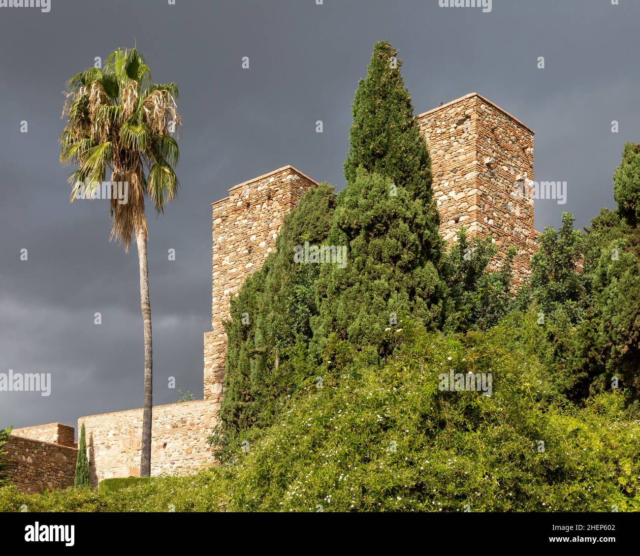 Historic defensive walls of Moorish fortress palace Alcazaba, Malaga ...