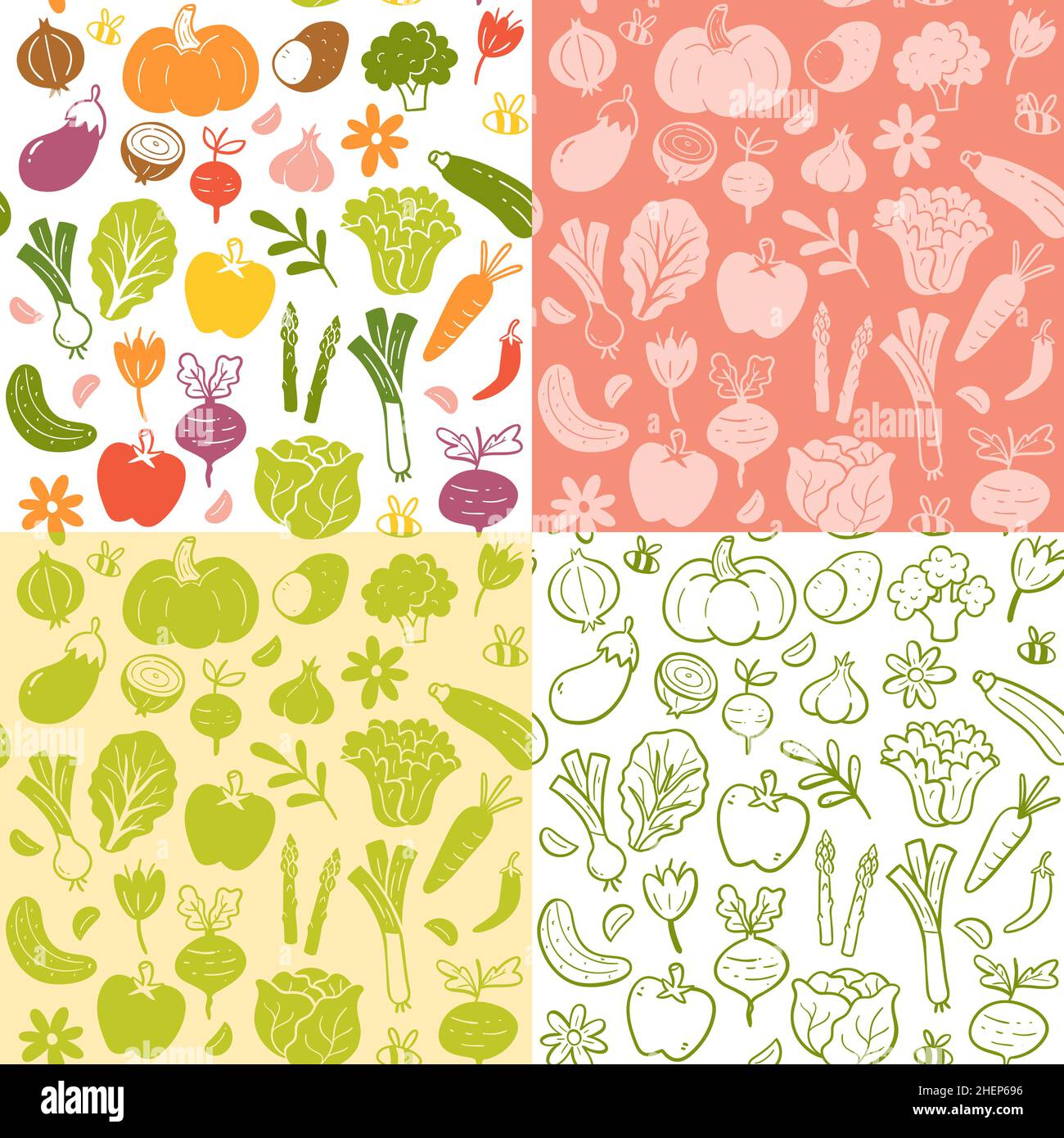 Spring seasonal vegetables seamless pattern collection. Colorful, flat ...