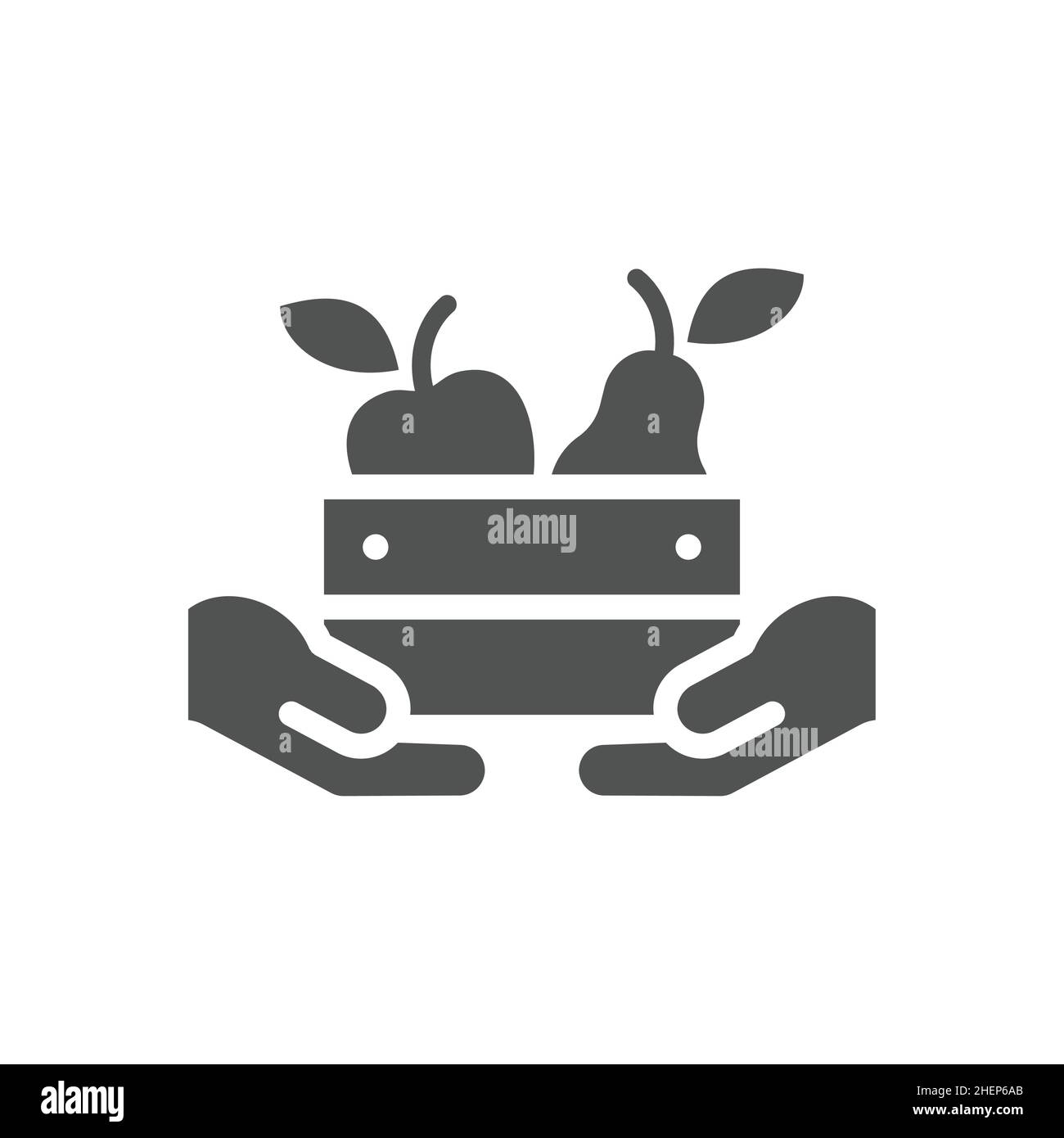 Hands holding farm food crate vector icon. Pear and apple groceries in ...