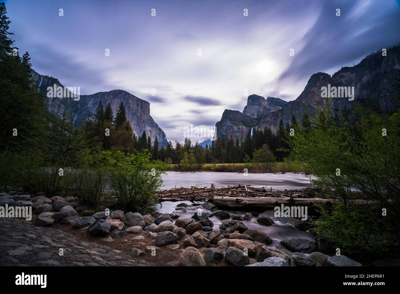 view of El Capital and Cathedral cliff with river foreground,Yosemite ...