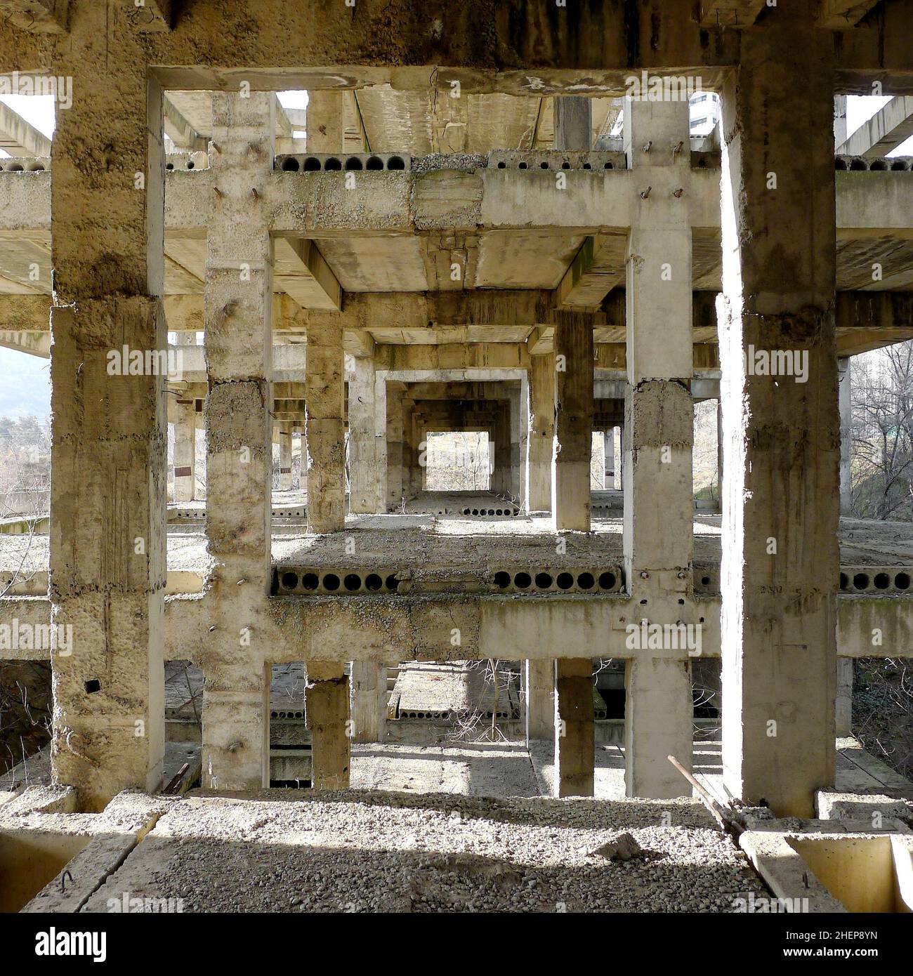 Unfinished and abandoned concrete building carcass. Abandoned building ...