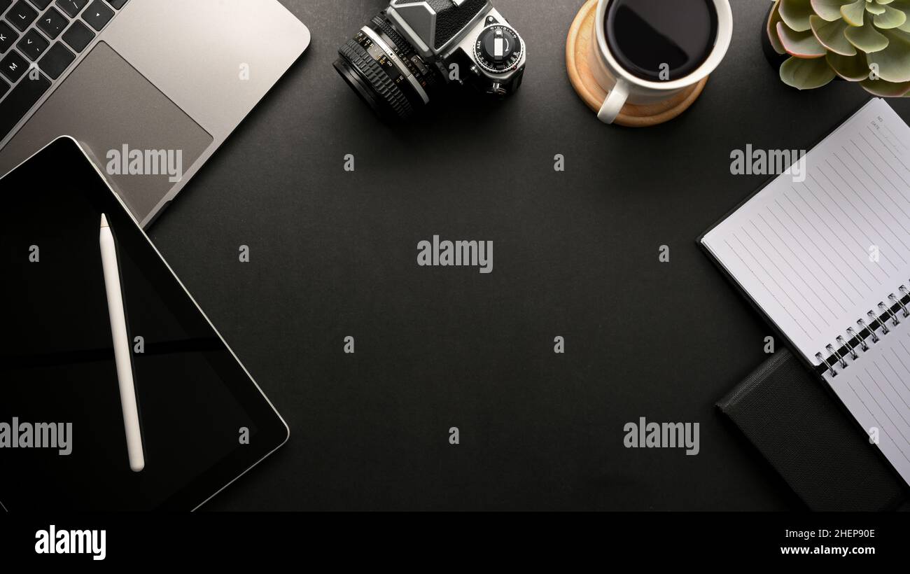 Modern black workspace with a copy space for product display, digital ...