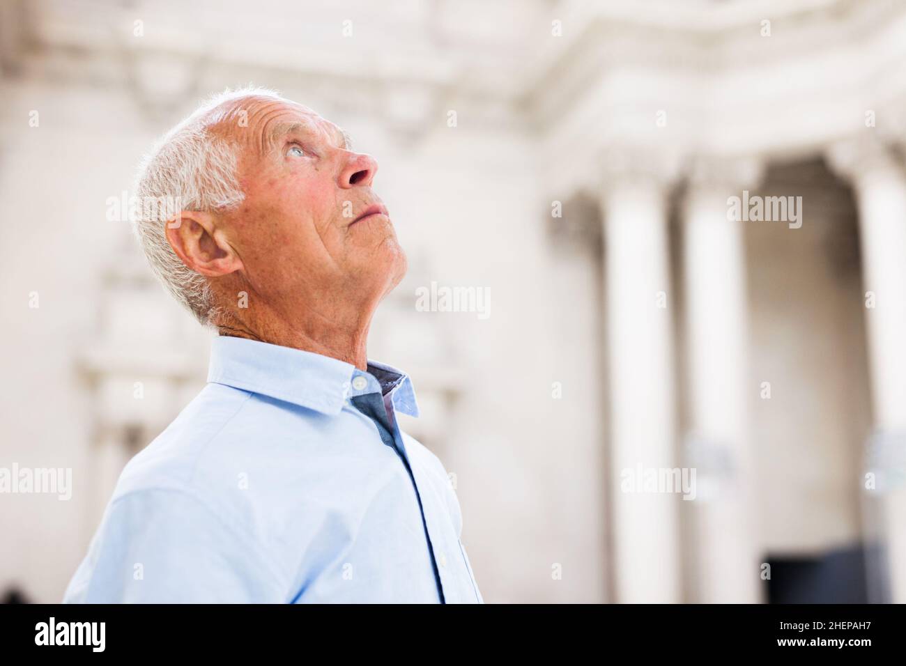 Man observing museum exposition Stock Photo - Alamy