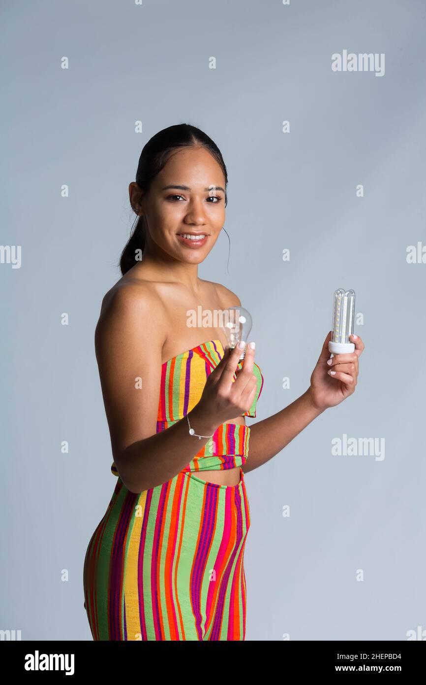 young girl with light bulb in her man with low and high power ...