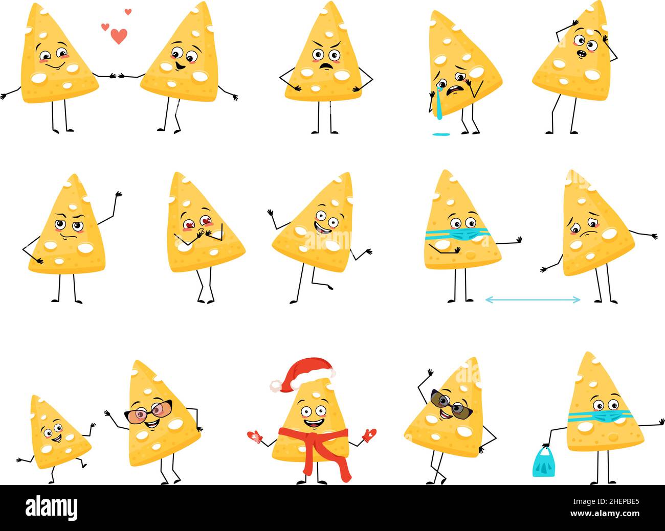 Cute cheese character with happy or sad emotions, panic, loving or ...