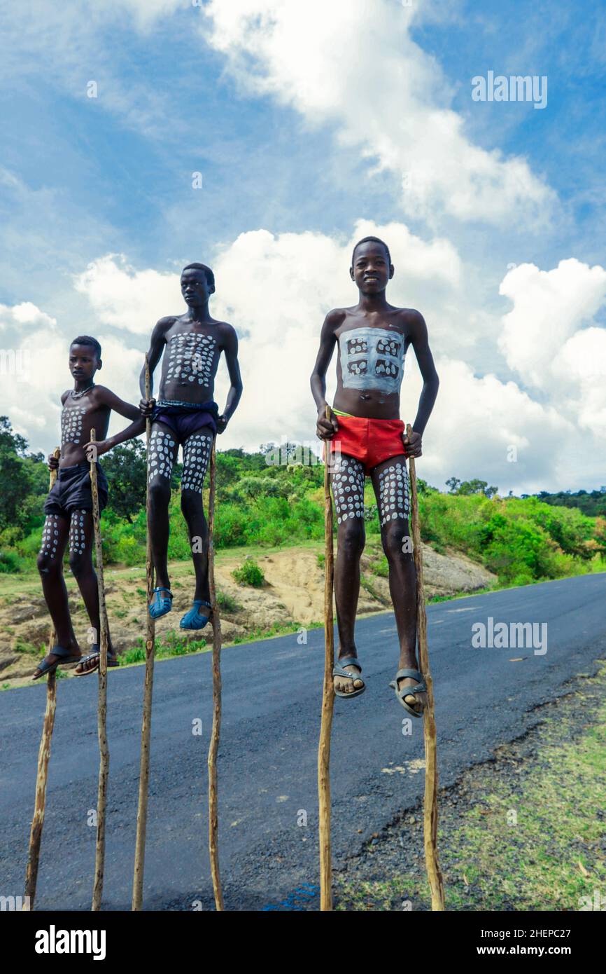 Young Boys of Benna Tribe with Traditional Body Painting on the Long ...