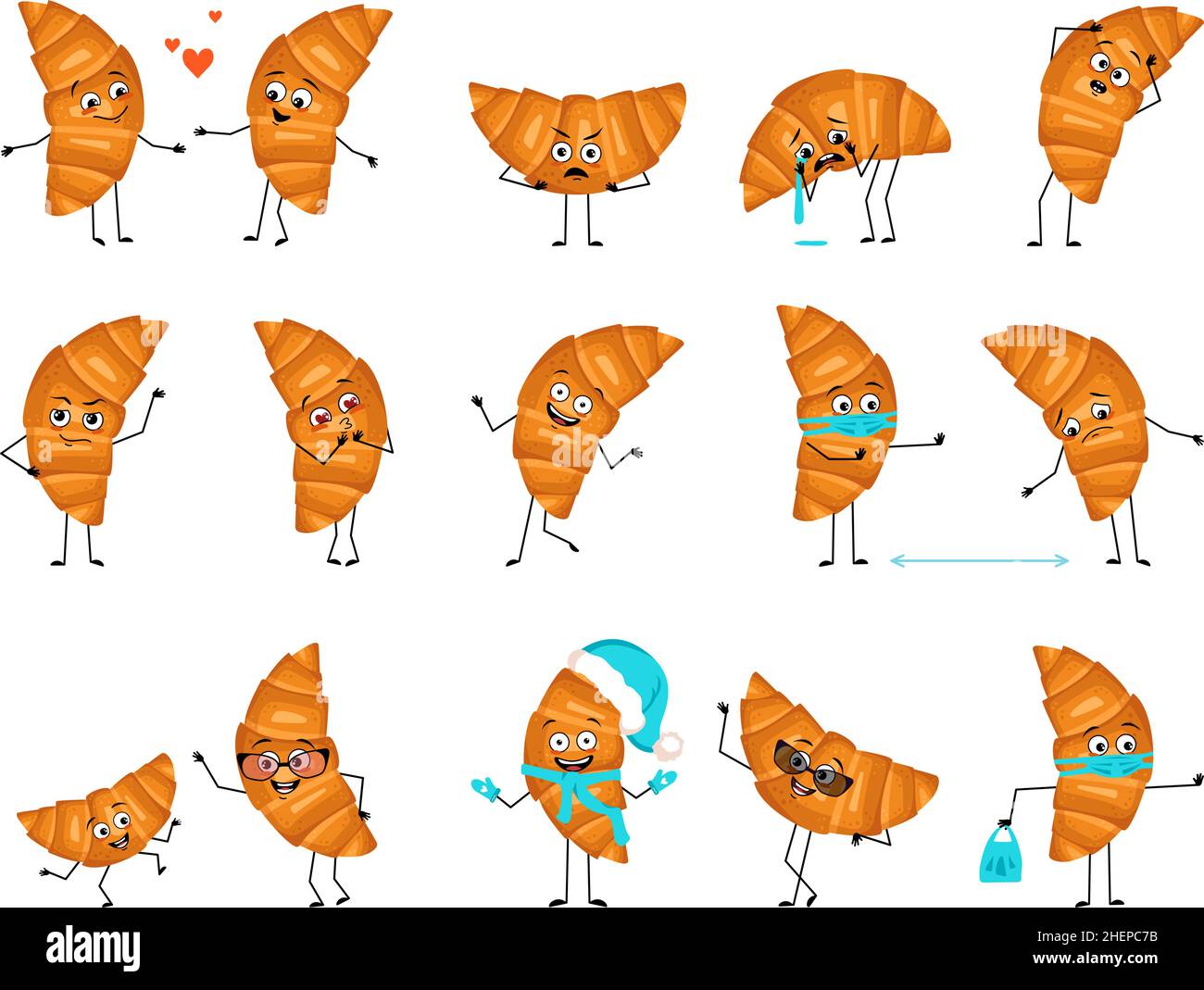 Cute croissant character with happy or sad emotions, panic, loving or ...