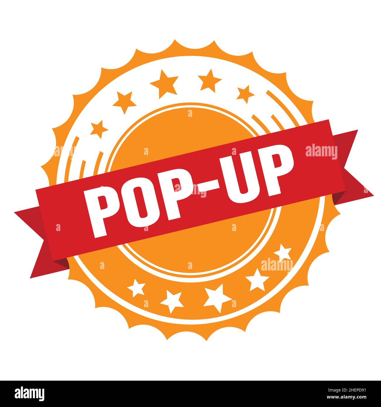 POP-UP text on red orange ribbon badge stamp Stock Photo - Alamy