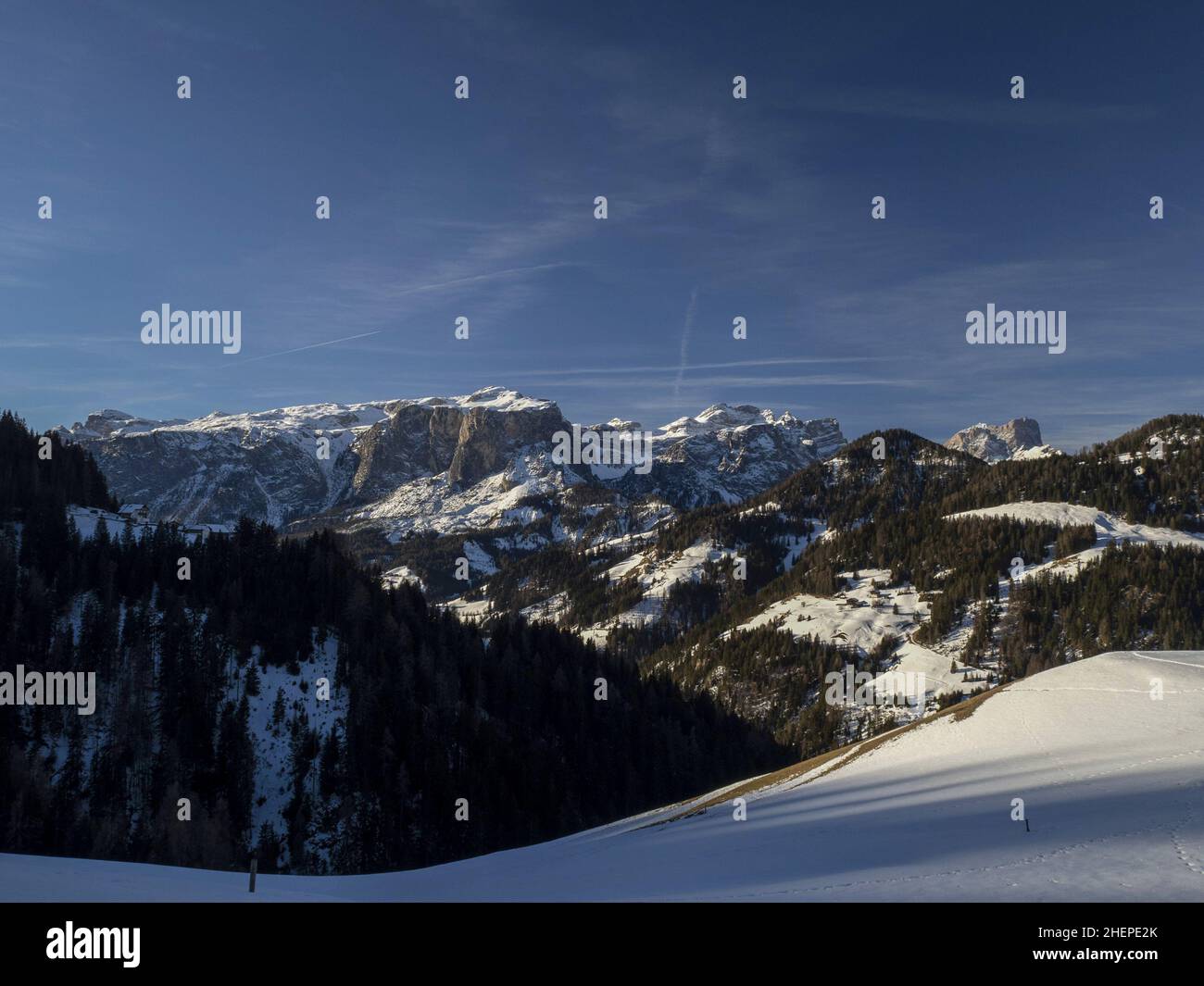 dolomites snow panorama val badia armentara hill Stock Photo - Alamy