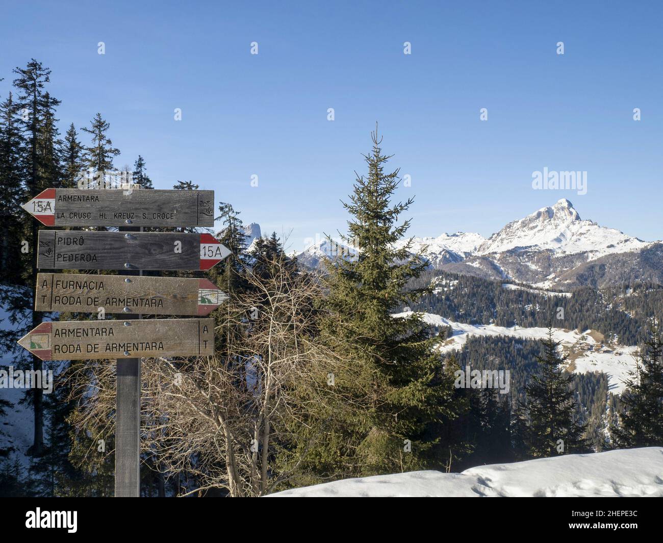 dolomites snow panorama val badia armentara hill Stock Photo - Alamy