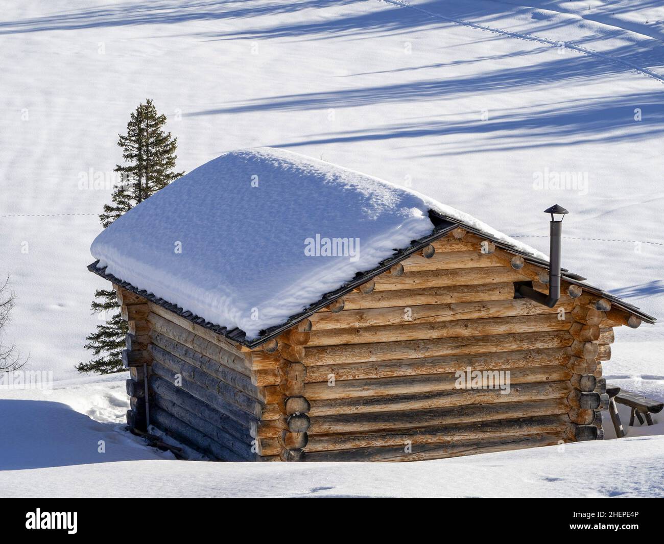 dolomites snow panorama wooden hut val badia armentara hill Stock Photo ...