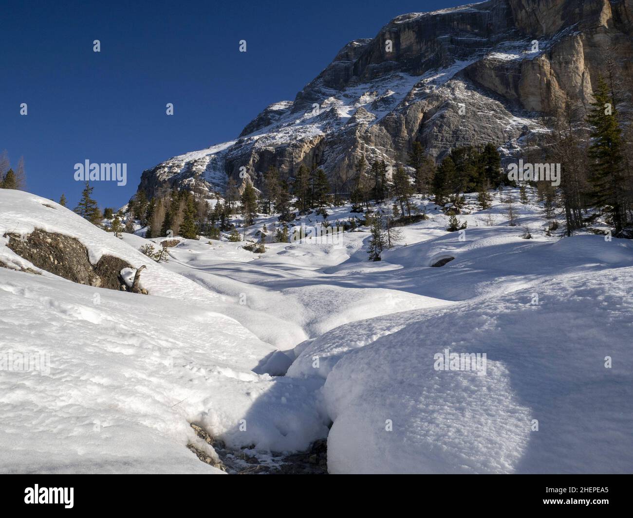 dolomites snow panorama val badia armentara hill Stock Photo - Alamy