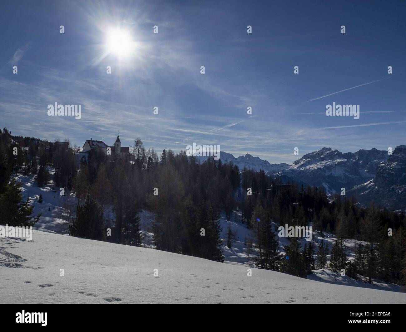 dolomites snow panorama val badia armentara hill Stock Photo - Alamy