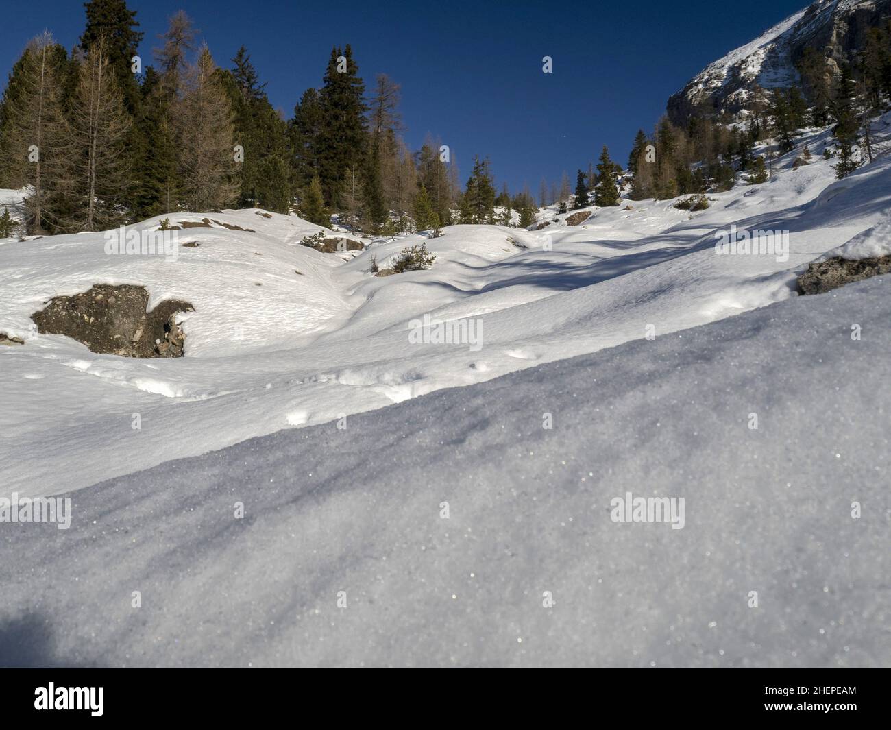 dolomites snow panorama val badia armentara hill Stock Photo - Alamy