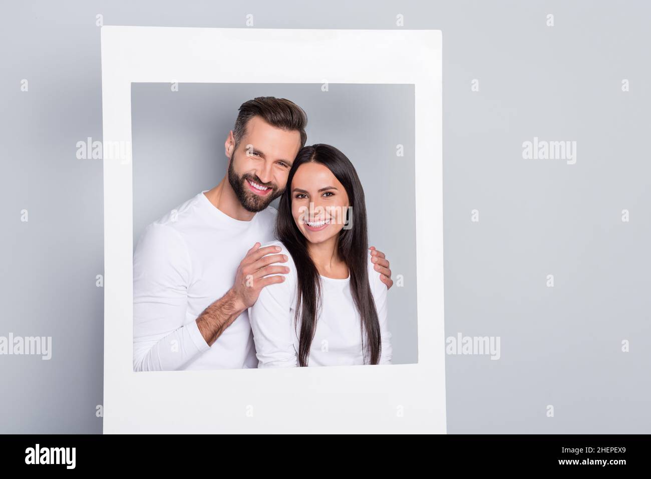 Portrait of attractive adorable cheerful couple hugging enjoying in ...