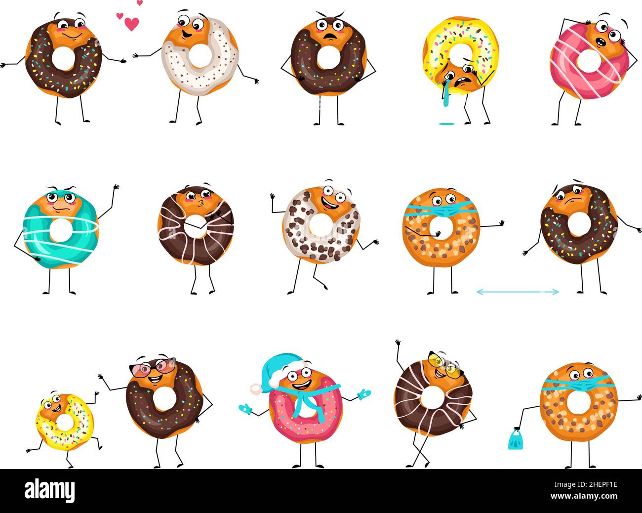 Cute glazed donut character with happy or sad emotions, panic, loving ...