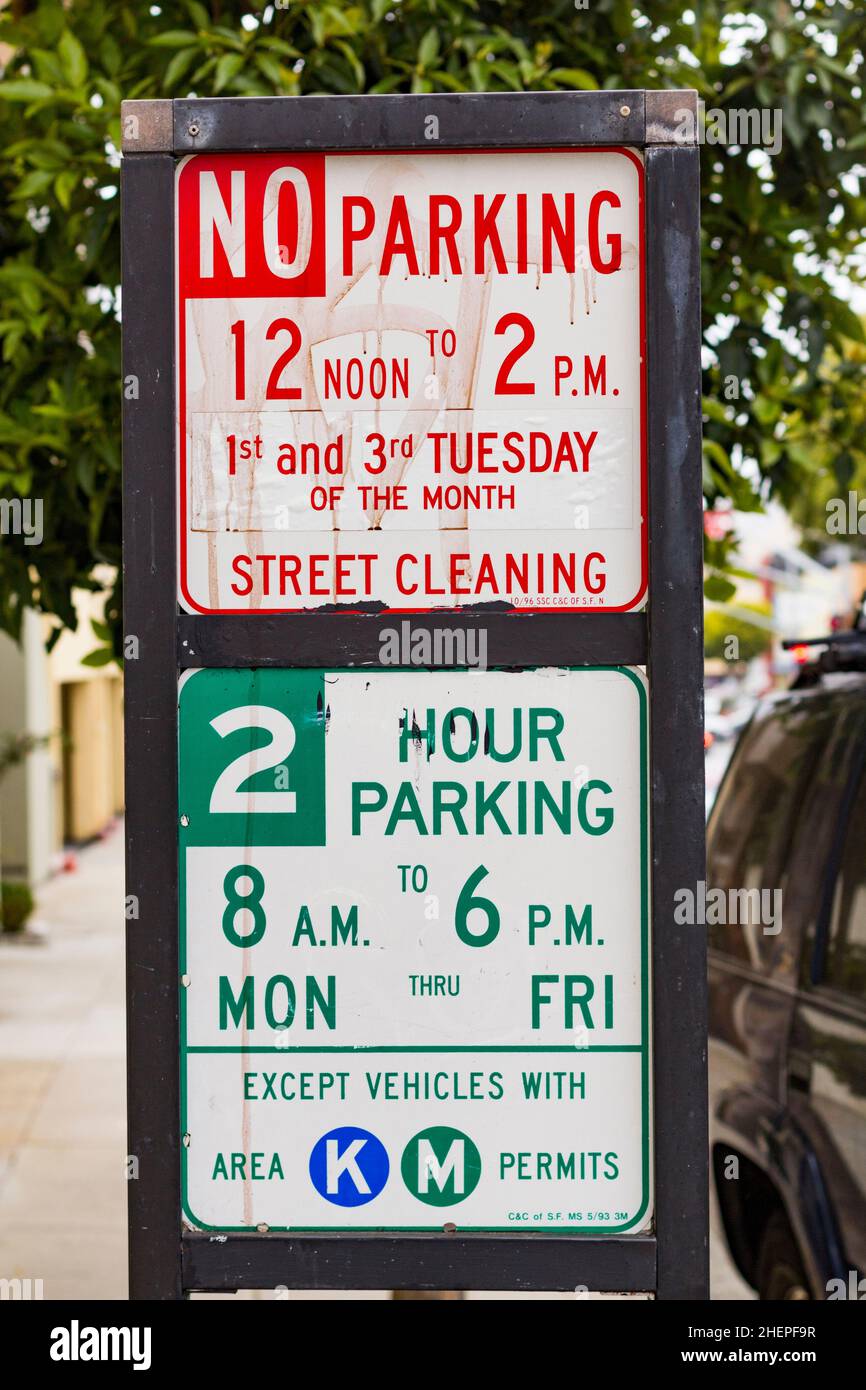 parking signage in San Francisco indicating no parking timeslots Stock ...