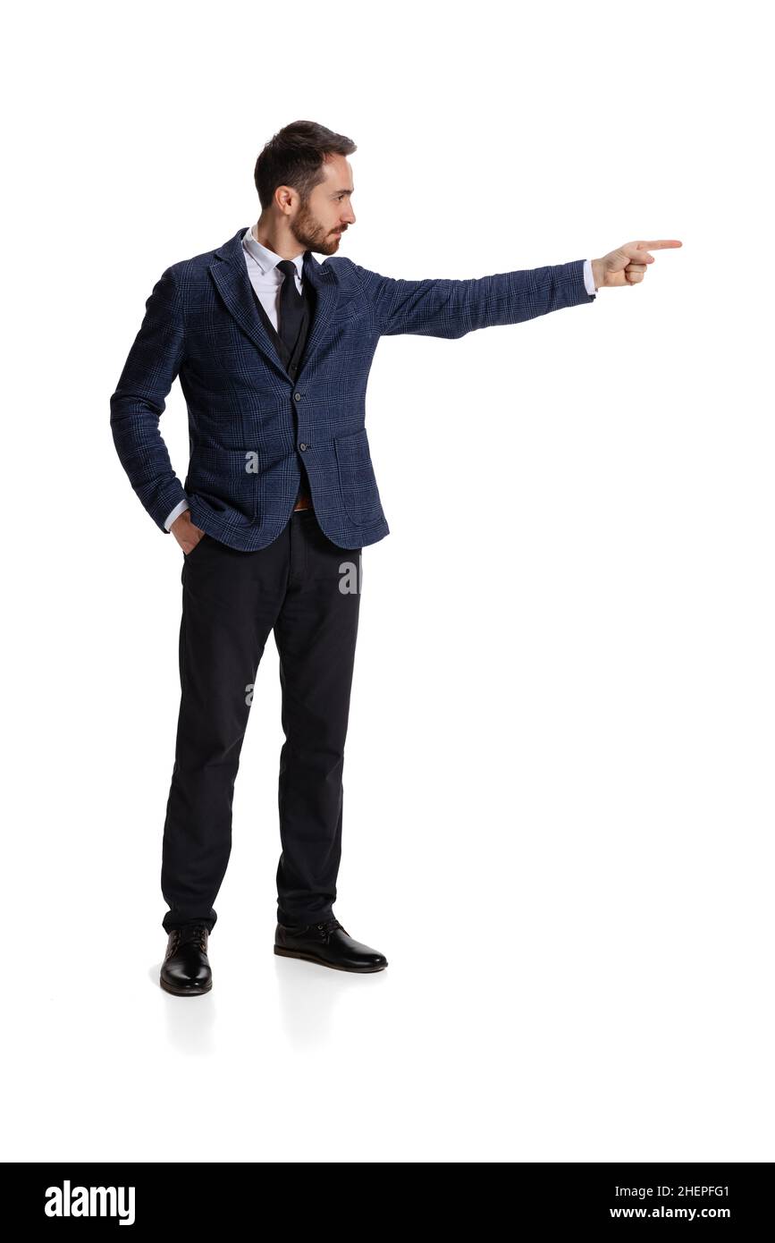 Full-length portrait of businessman, team leader commanding isolated ...