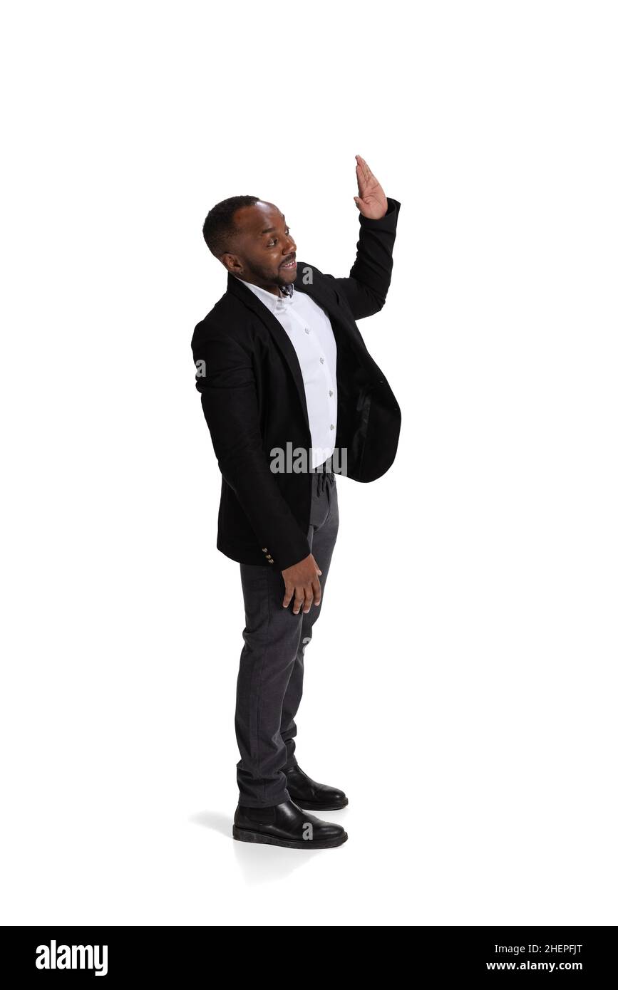 Full-length portrait of business coach giving high five isolated over ...