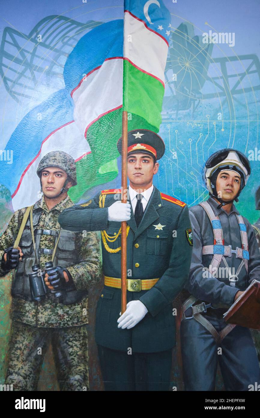 Painting, portrait of modern Uzbek military personnel in uniform. At ...