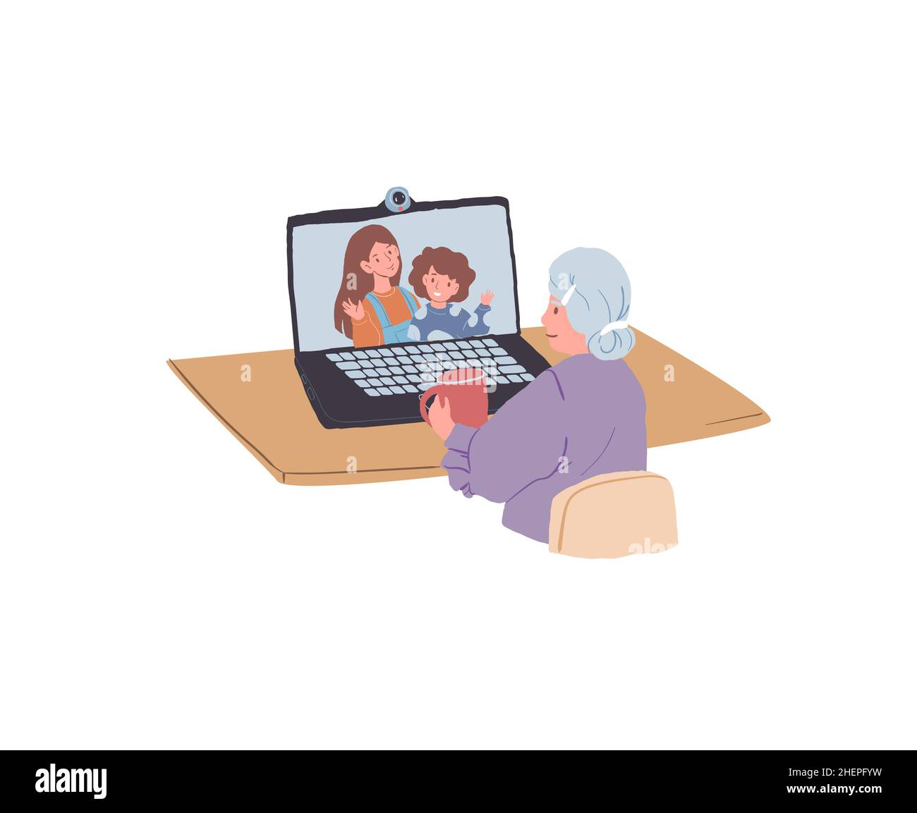 Cartoon flat old woman character talking with family online,using of ...