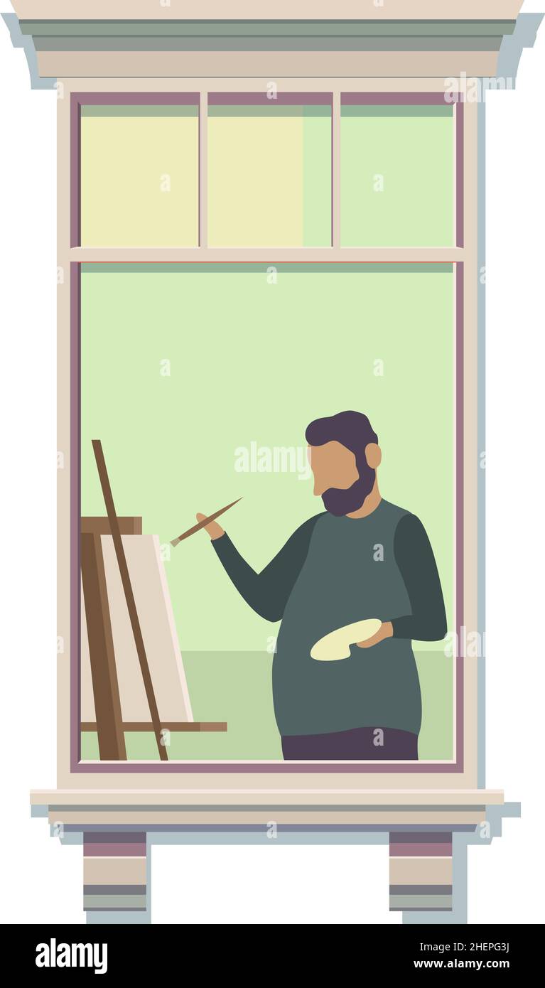 Window frame with man painting inside. Artist neighbor Stock Vector ...