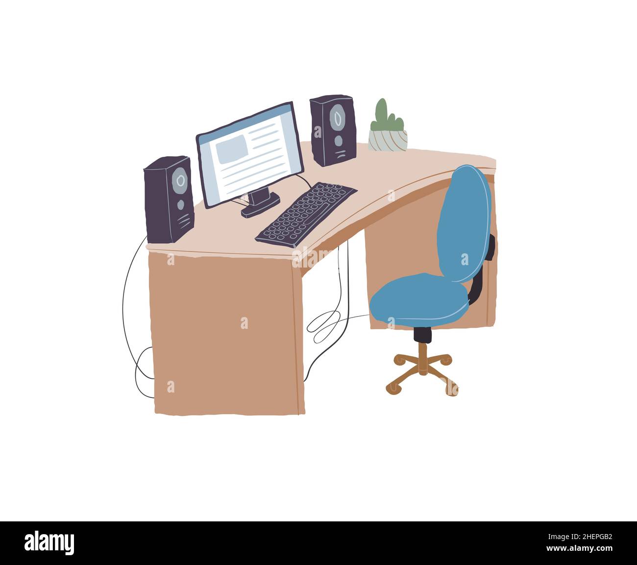 Flat cartoon computer monitor on work desk,electronic home appliances ...