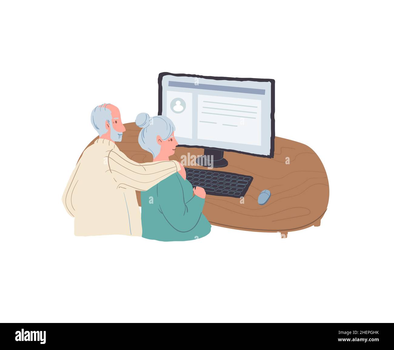 Cartoon flat old characters at computer screen,using of online apps for ...