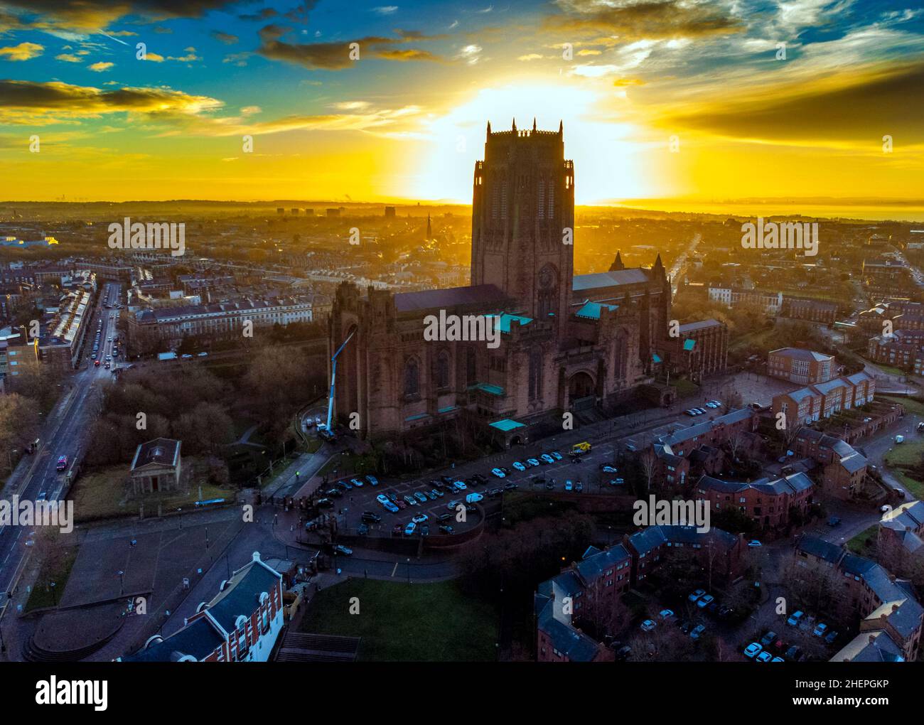 An aerial view of the sun rising behind Liverpool Cathedral in ...
