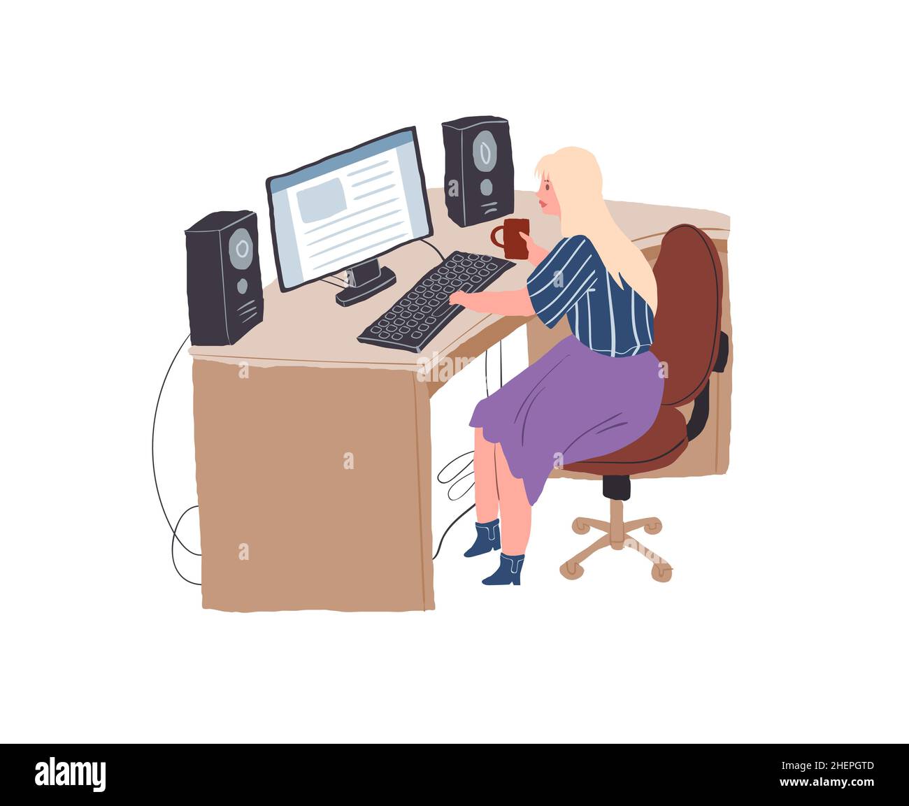 Flat cartoon woman character using computer,online learning and ...