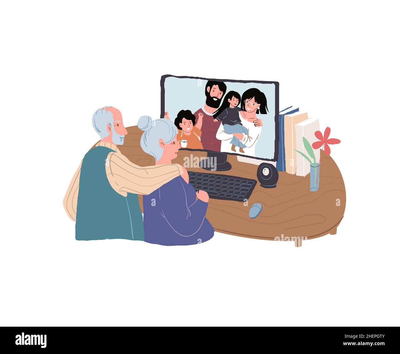 Cartoon flat old characters talking with family online,using of app for ...