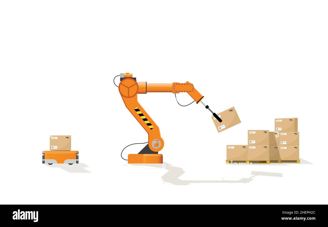 The robot arm picks up the box from the robotic trolley and stacks it ...