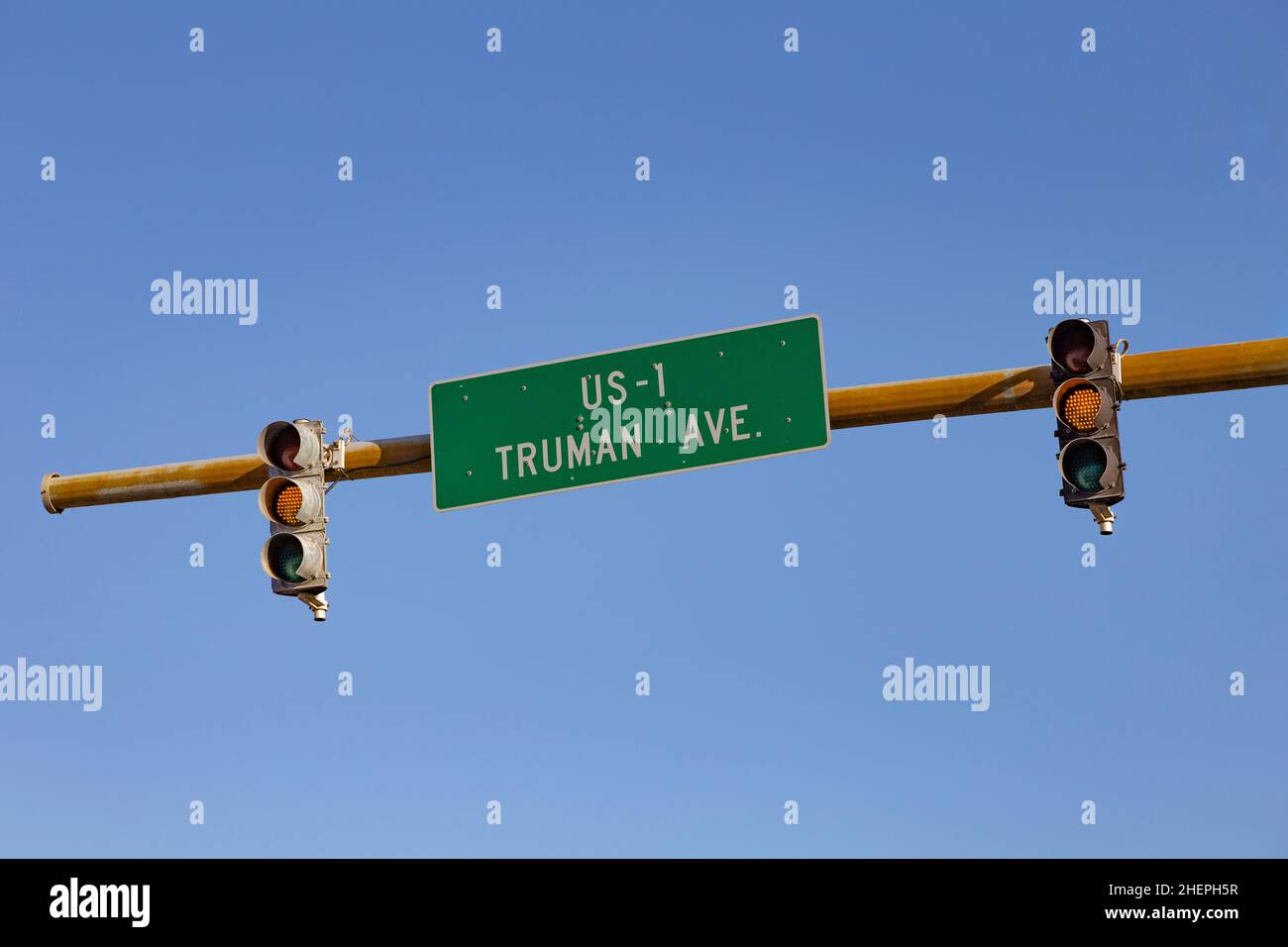 signage US Highway No 1 called Truman Ave starting in Key West with ...