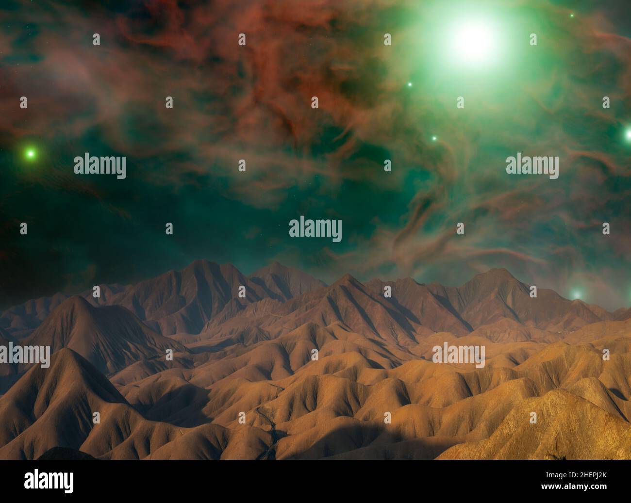 Fantastic alien mountain landscape with space nebula in the sky Stock ...