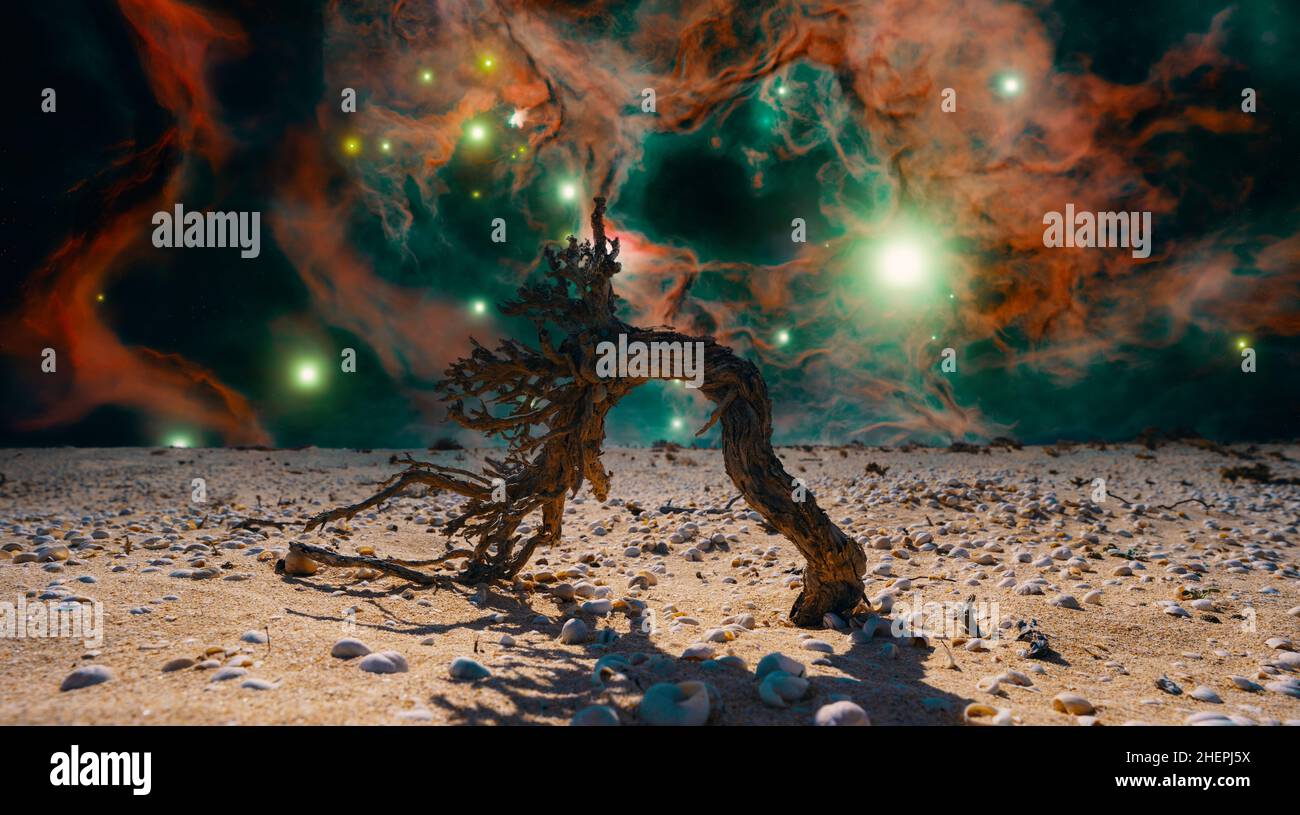 Fantastic alien mountain landscape with dry dead tree and space nebula ...