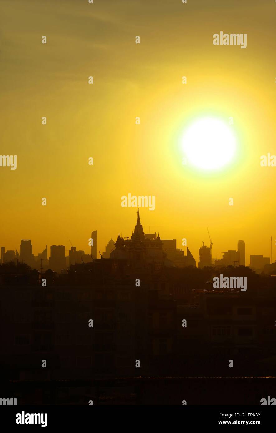 Fantastic Bright Sun Rising Over Bangkok City Skyline with the ...