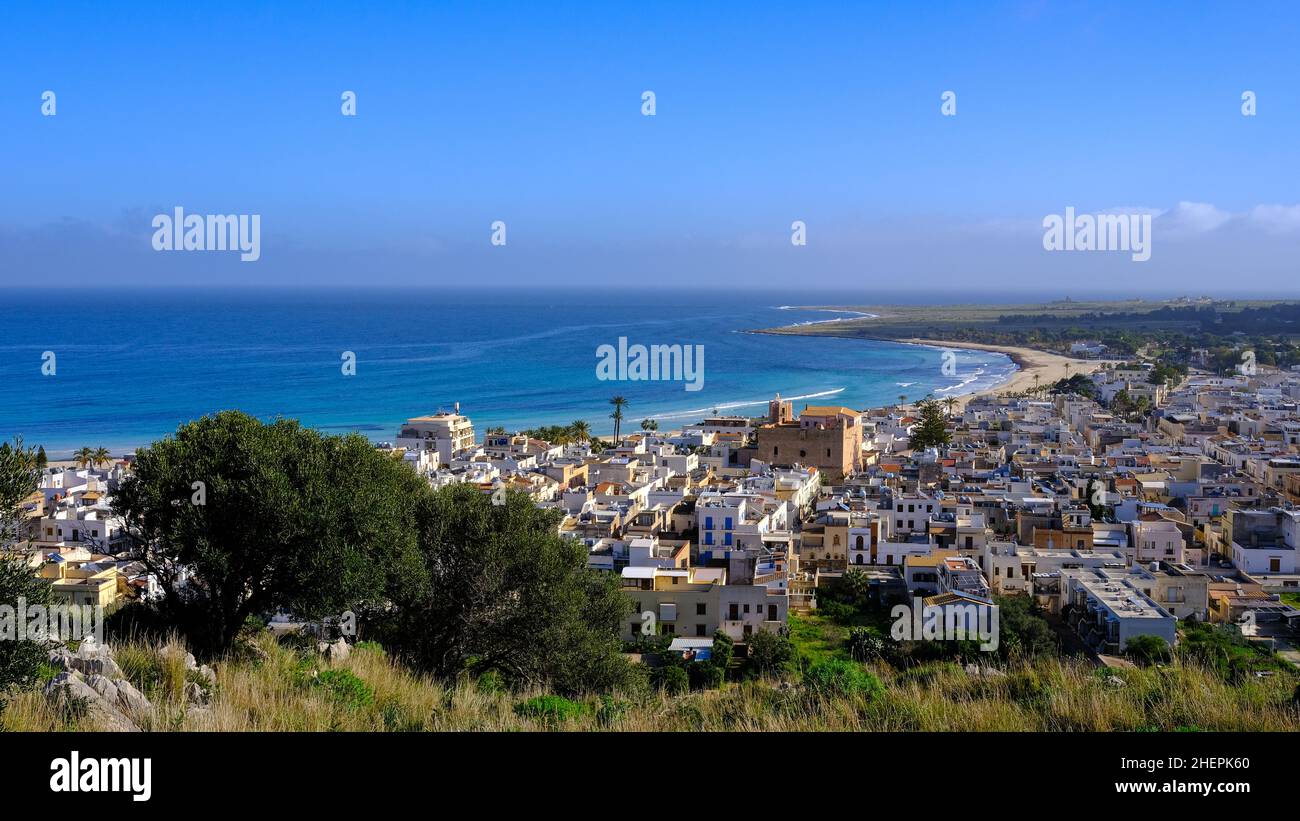 View of San Vito Lo Capo, Sicily, Italy. Sea, tree and empty beach ...