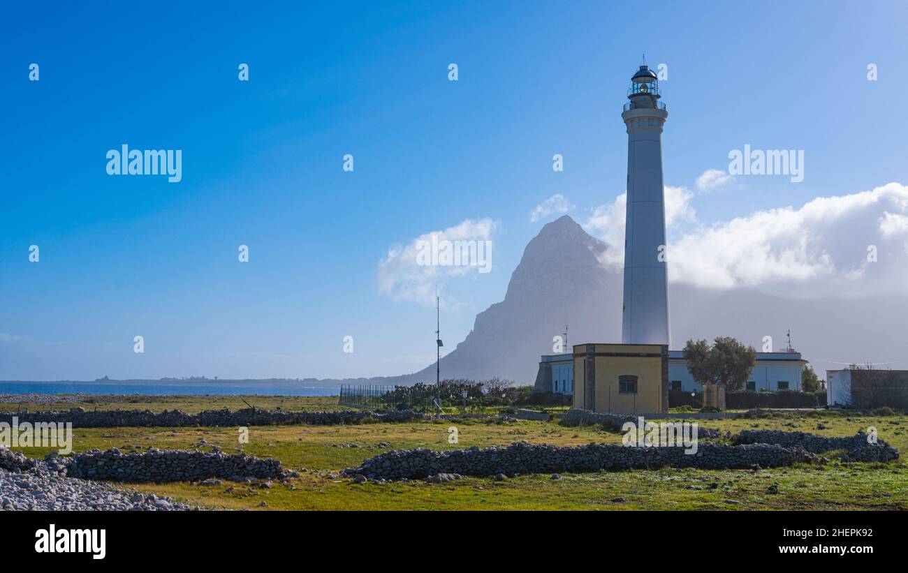 Lighthouse of San Vito Lo Capo, Sicily, Italy. View with sea and Monte ...