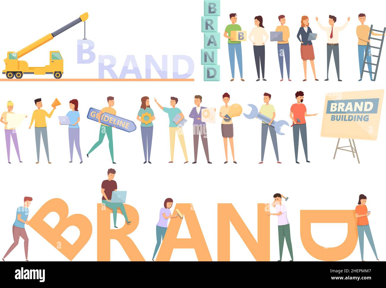 Brand building icons set cartoon vector. Company identity. People ...