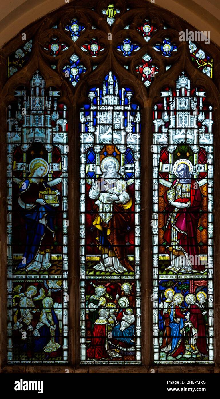 Stained glass window by Clayton and Bell, Saint Mary, Simeon and Anna c ...