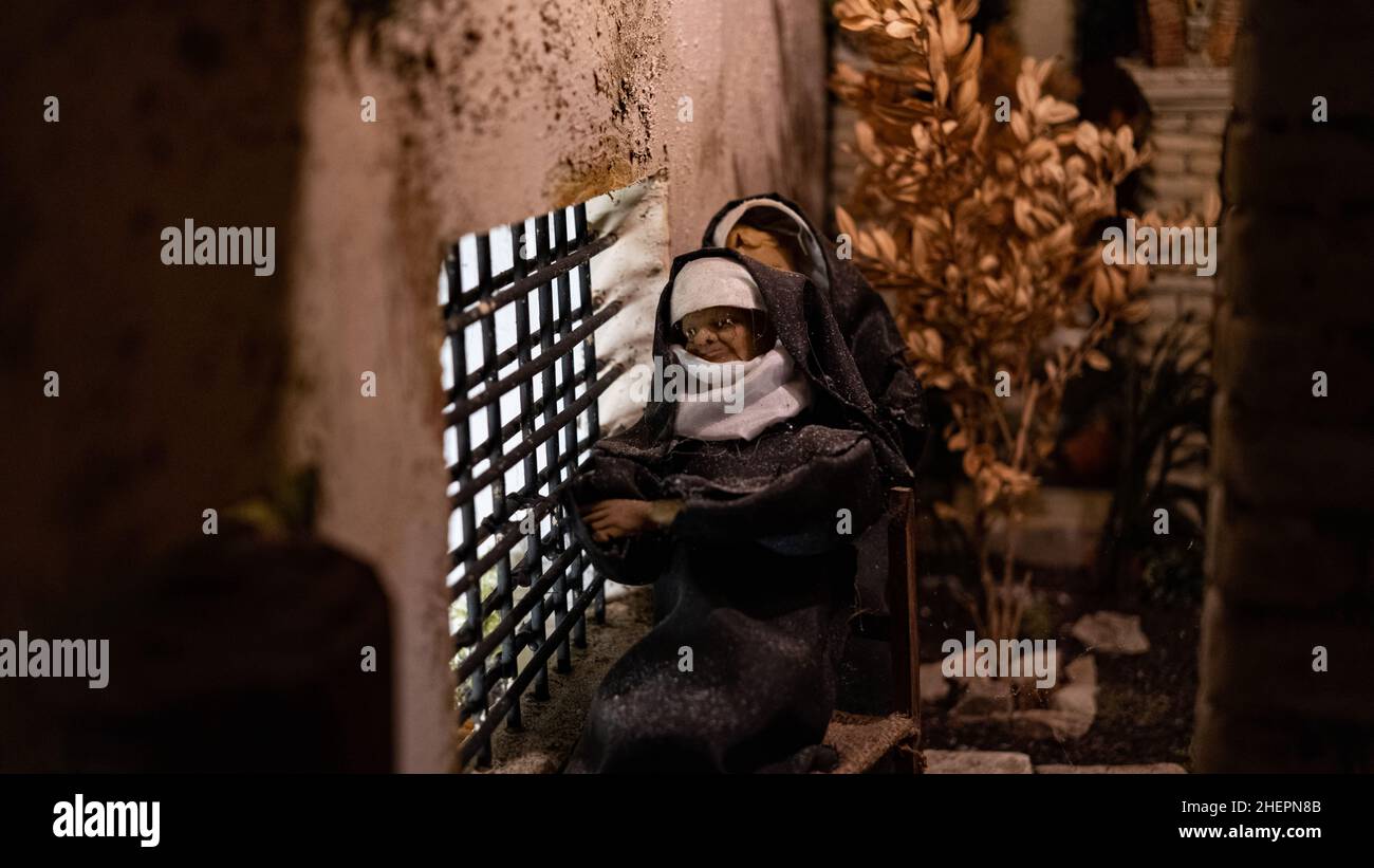 detail of Nativity scene: nuns at the window Stock Photo - Alamy