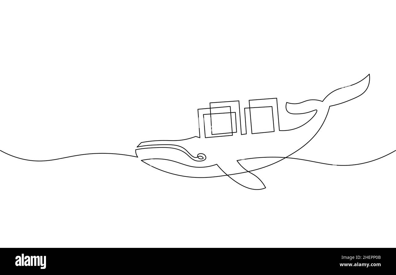 One Line Whale And Container Computer Docker Developer App Concept Sketch Drawing Open Source 