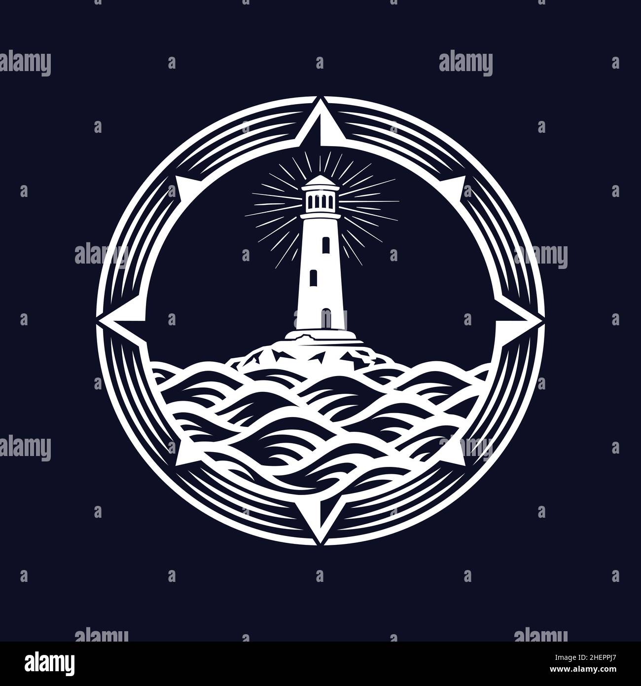 Lighthouse, Compass, Wave, Circle Logo Design Template. Vector and ...