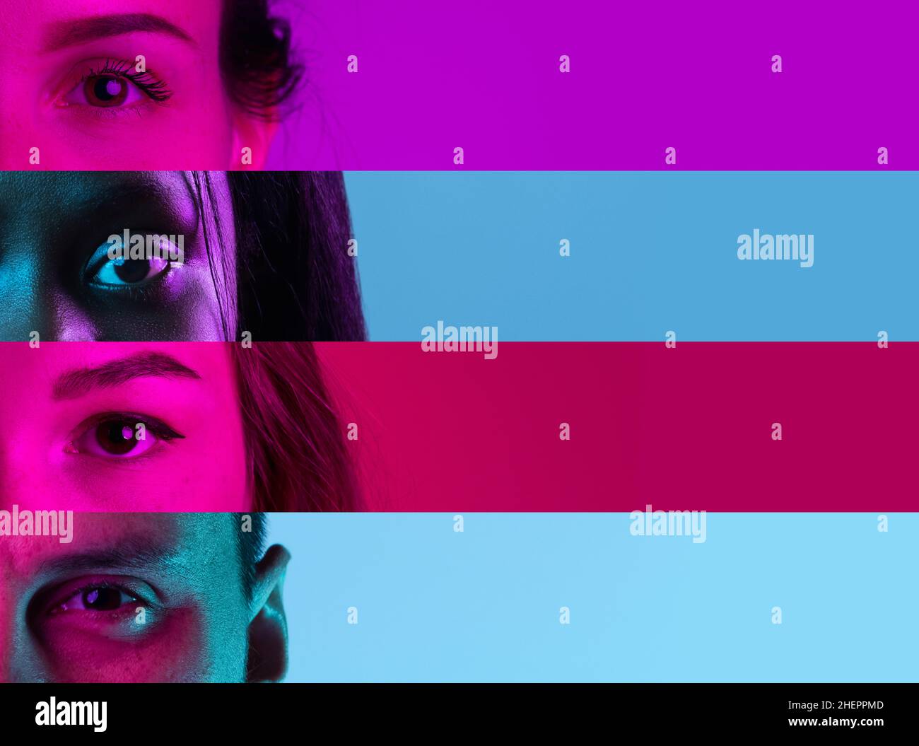 Half face collage of male and female eyes placed on narrow horizontal ...