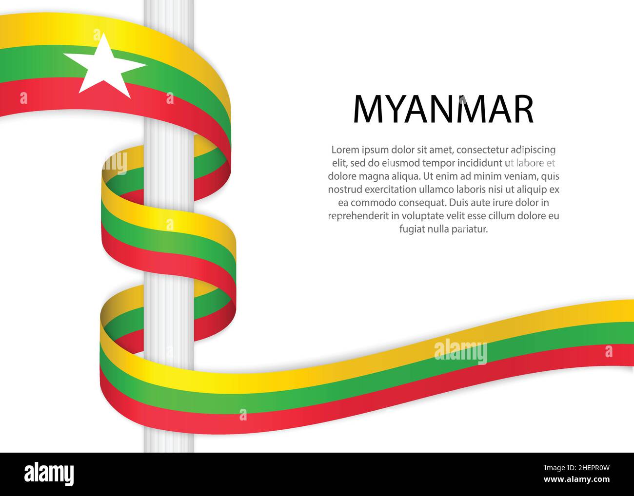 Waving ribbon on pole with flag of Myanmar. Template for independence ...