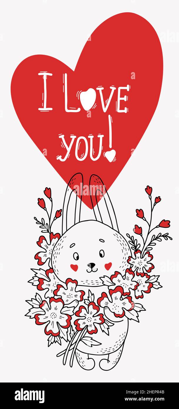 Cute rabbit with large bouquet of flowers, big heart and text - I love ...