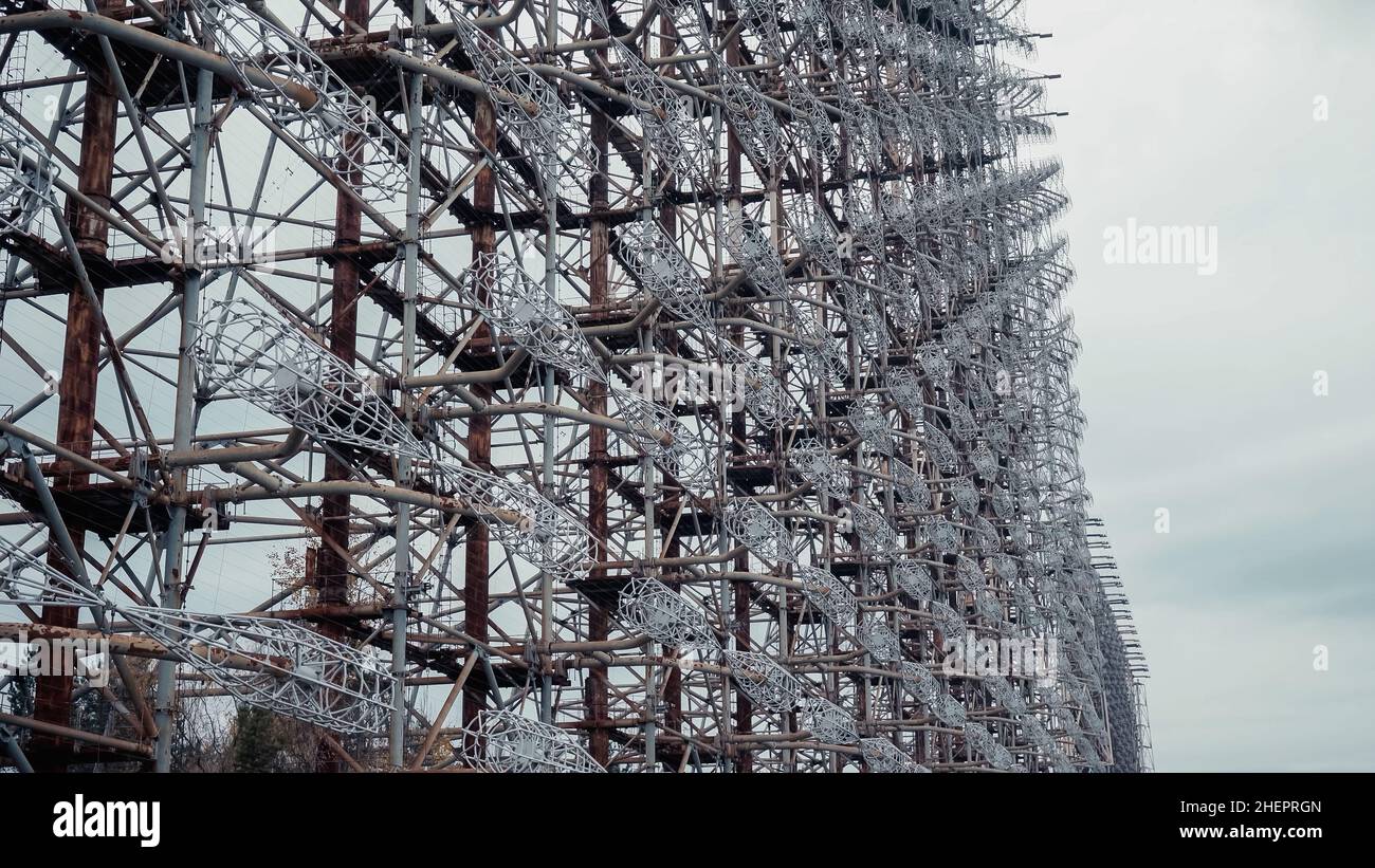steel radar station in chernobyl exclusion zone under grey cloudy sky ...