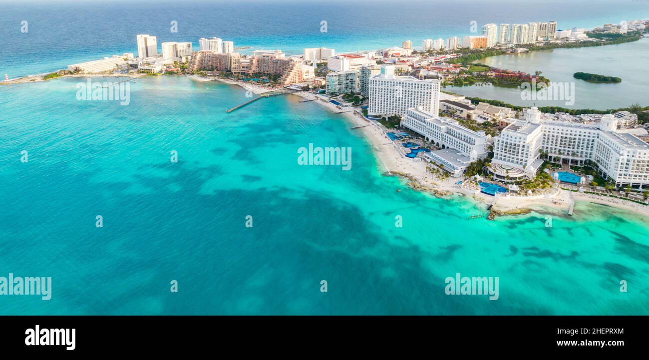 Aerial panoramic view of Cancun beach and city hotel zone in Mexico ...